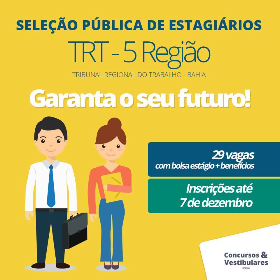 TRT5 lança edital para seleção de estagiários em Direito | Tribunal ...
