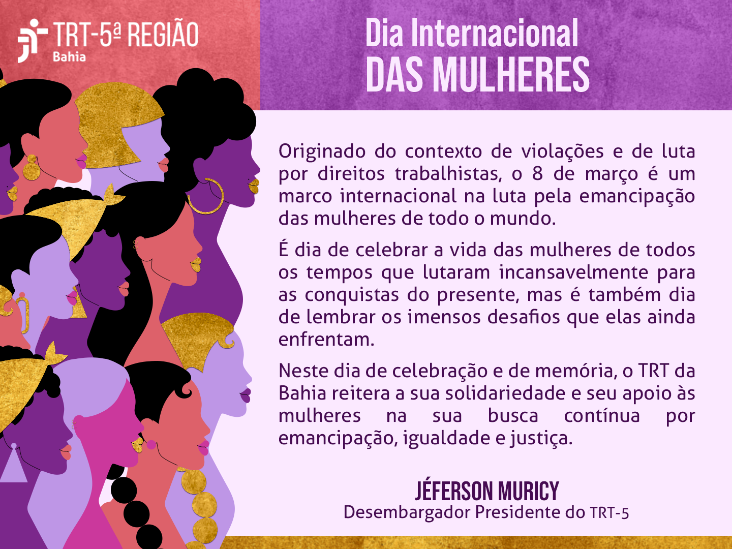 Dia Internacional das Mulheres: Veja mensagem do presidente do TRT-5 ...